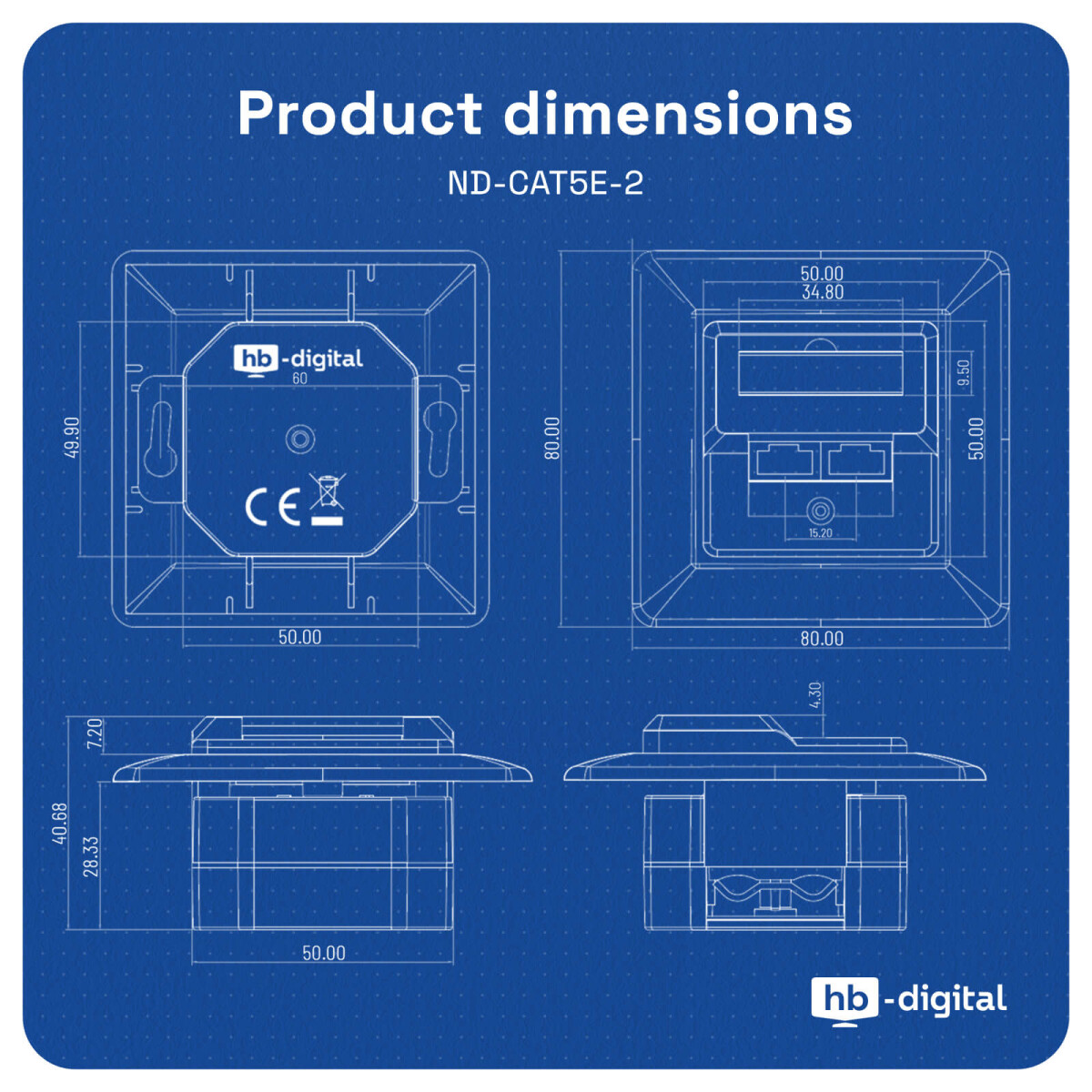 LAN socket CAT 5e data socket flush-mounted 2 x RJ45 hb-digital, 6,19