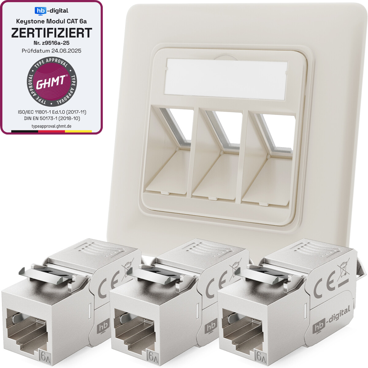 Anschlussdose mit 3 x Cat 6a Keystone RJ45 RAL 9010, 9,90
