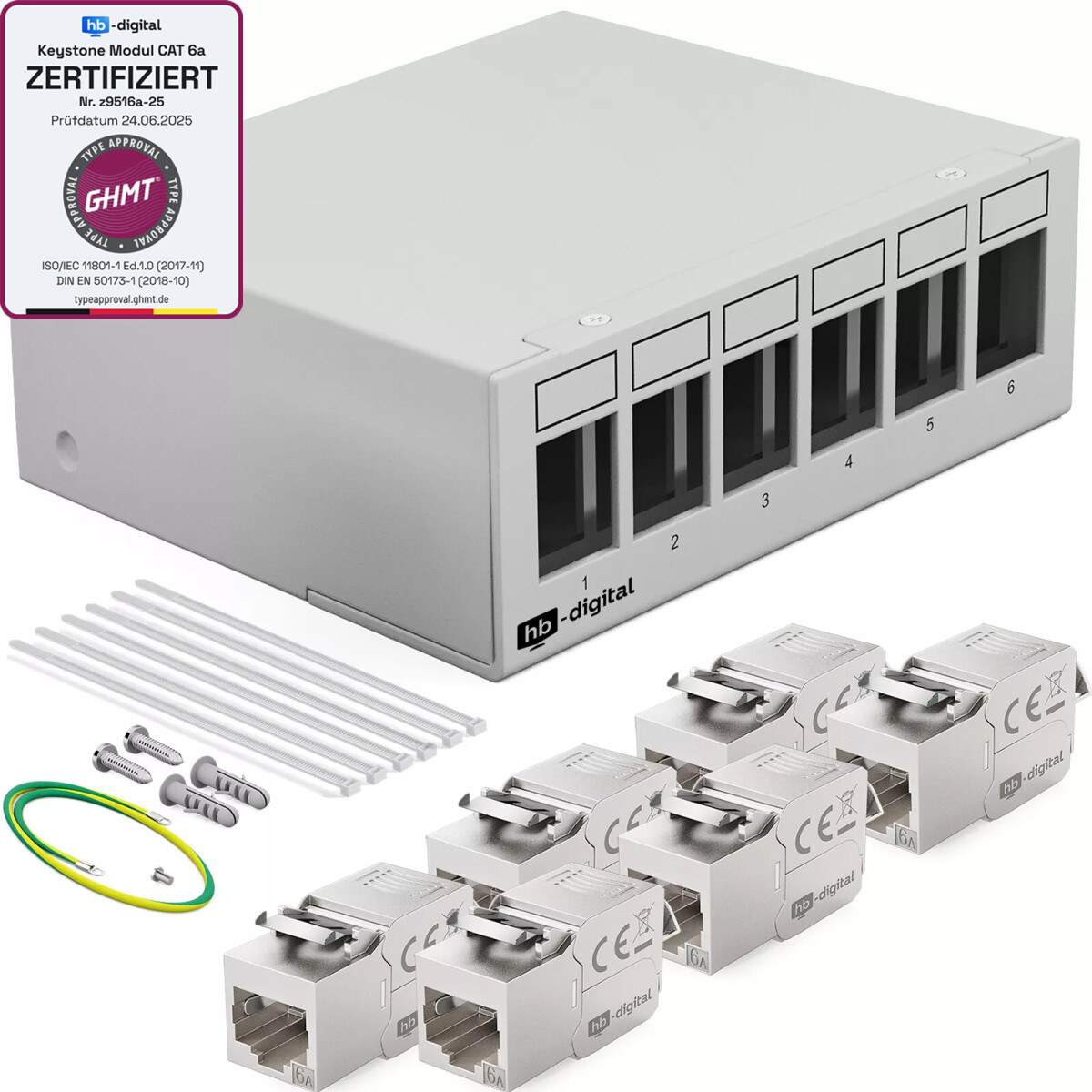 Patchpanel 6 Port mit 6 x Keystone Cat 6a hellgrau, 25,90