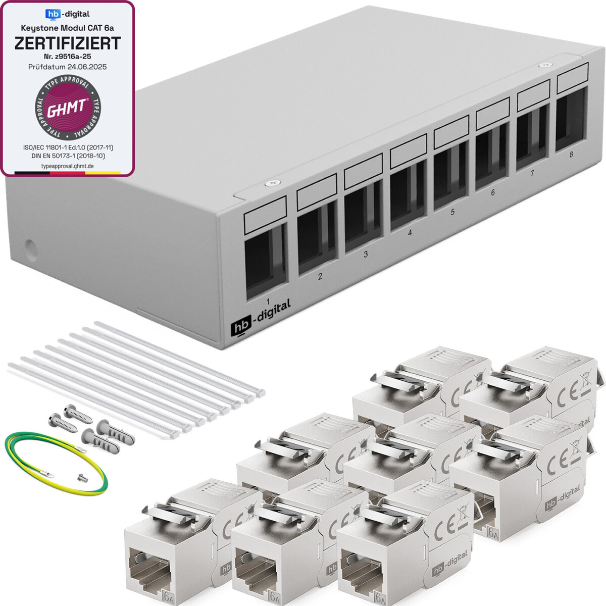 Patchpanel 8 Port Patchfeld mit 8 x Keystone Cat 6a hellgrau, 35,90