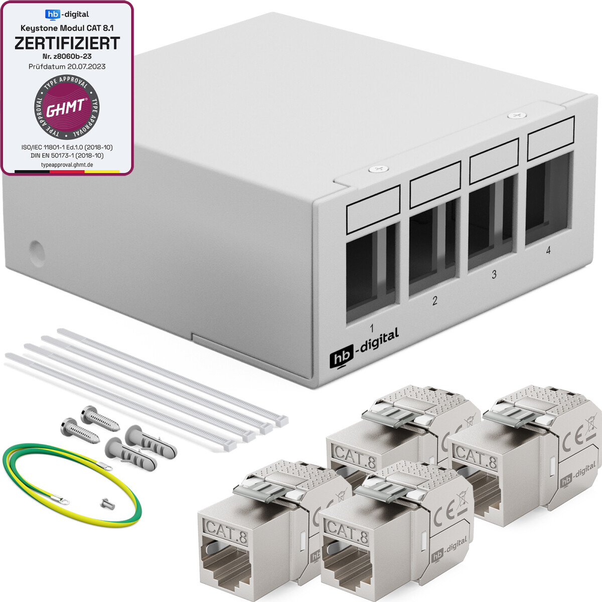 Patchpanel 4 Port Patchfeld mit Keystone Cat 8 hellgrau, 28,90
