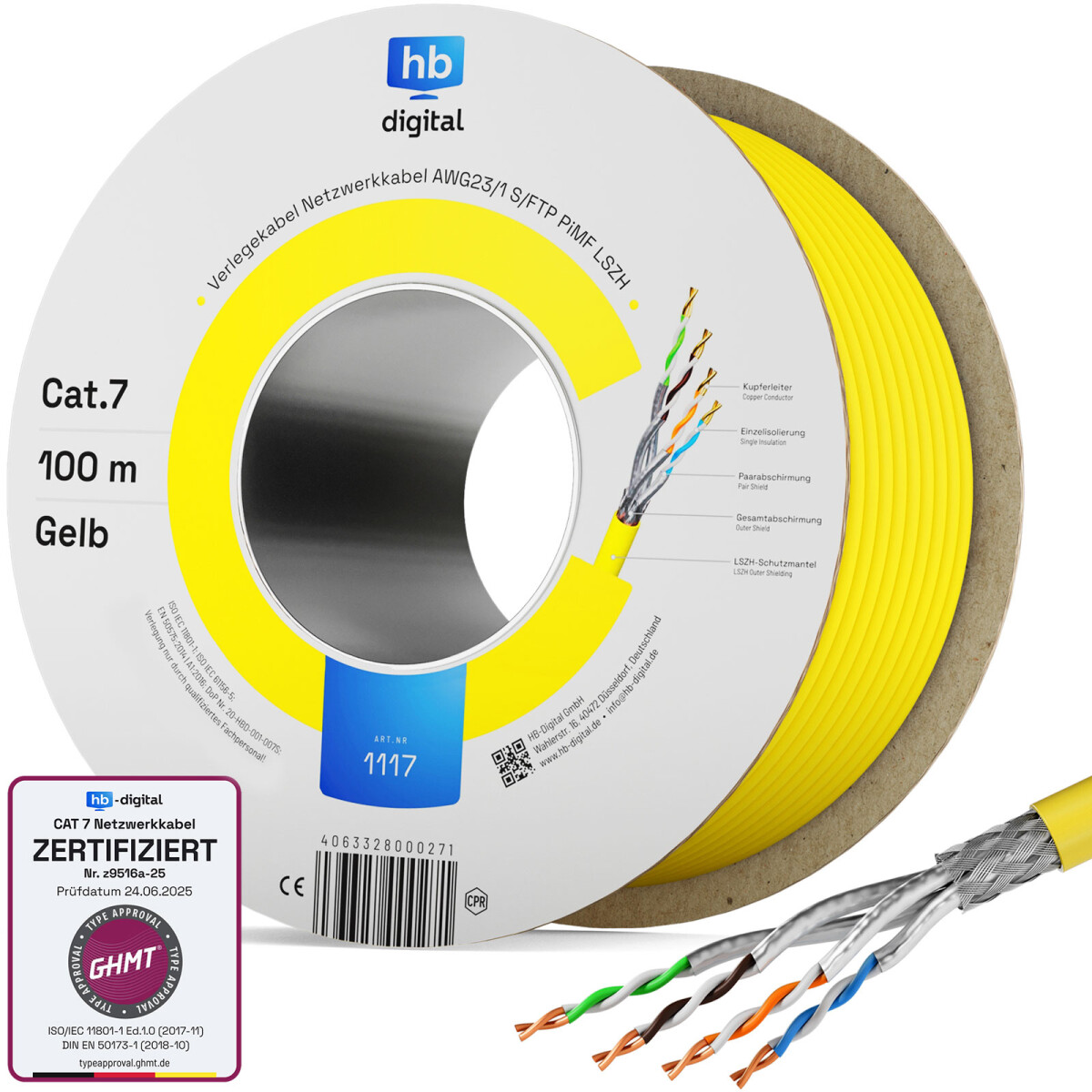 100m Network Cable CAT.7 LAN Cable yellow, 79,90