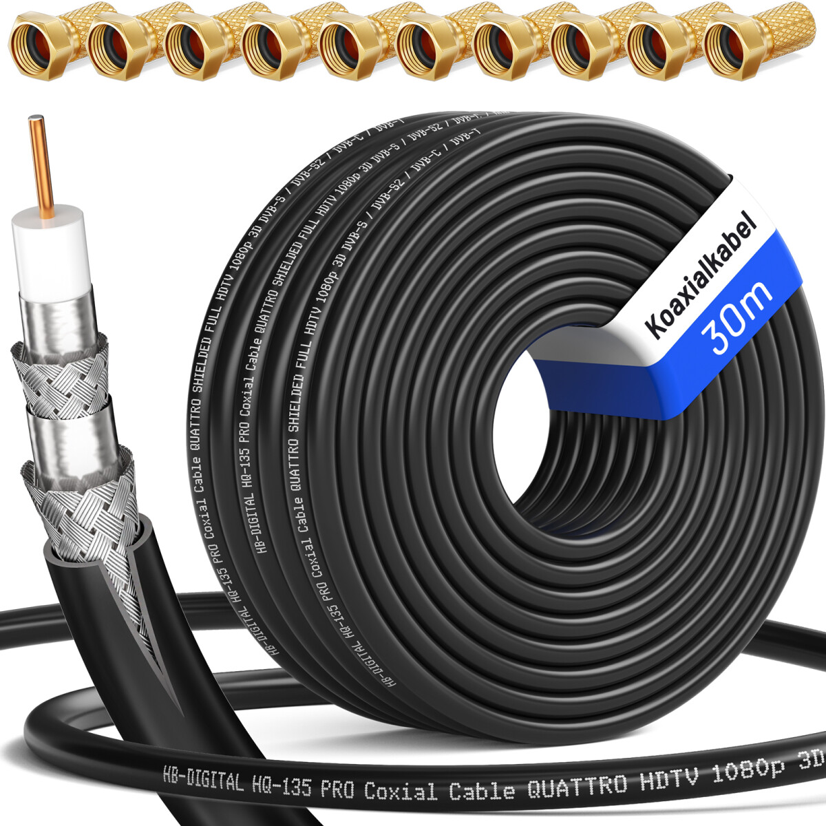 30m de câble coaxial HQ 135 4 fois acier Cu F-connecteurs noir, 11,90