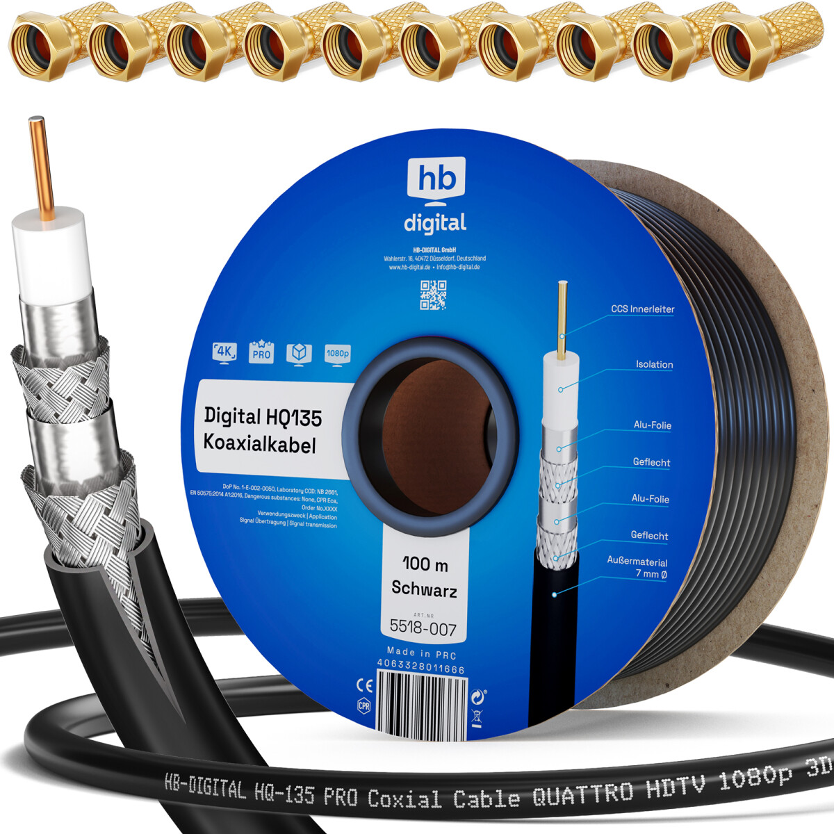 100m coaxial cable HQ 135 4-fold steel Cu F St black, 32,90